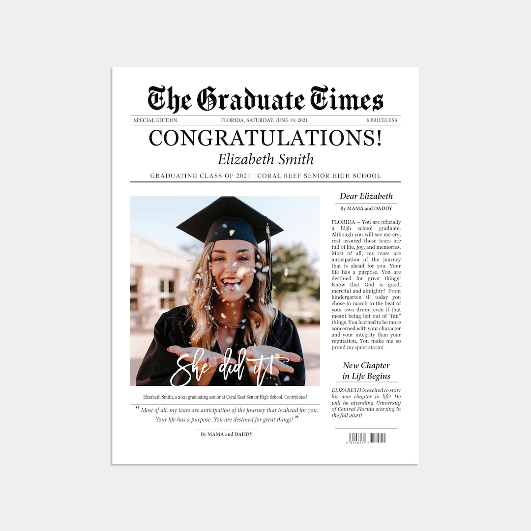 Graduate Printable Newspaper Keepsake, Graduation Gift for Her ...
