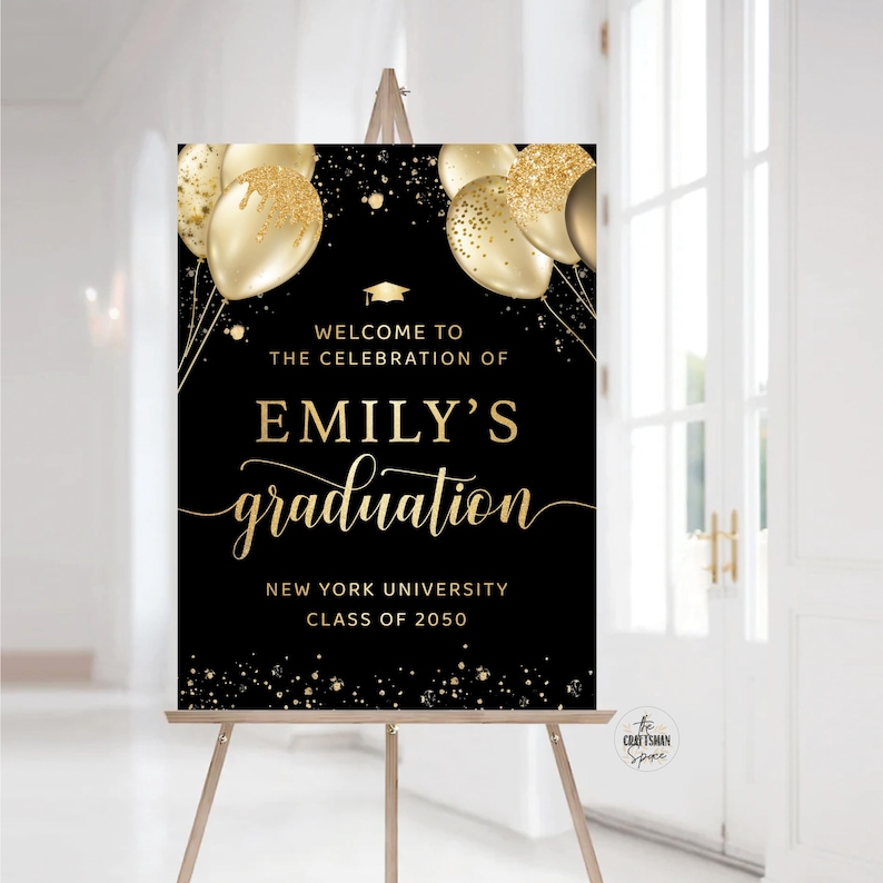Black & Gold Graduation Welcome Sign, Balloons and Confetti, Modern ...