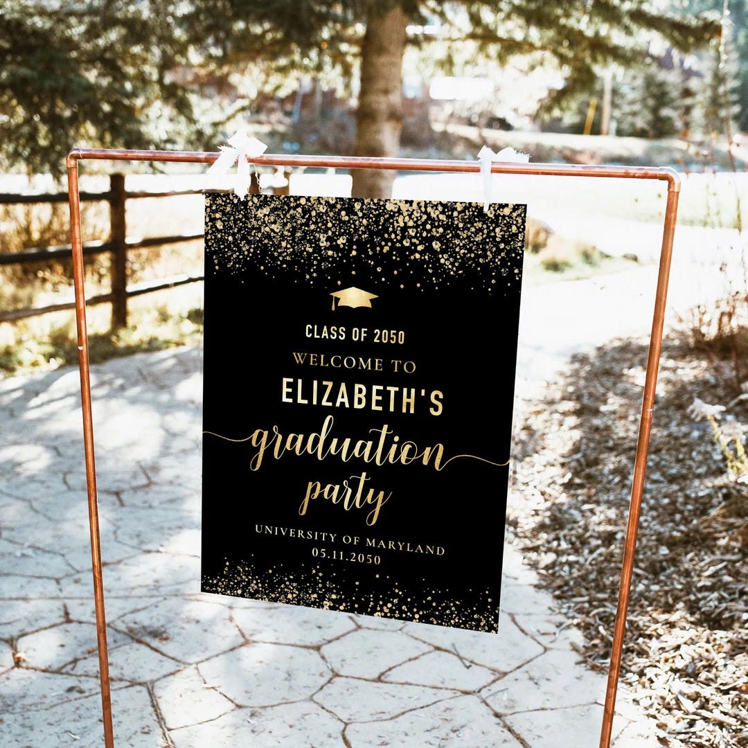 Minimalist Graduation Party Welcome Sign, Black & Gold Graduation ...