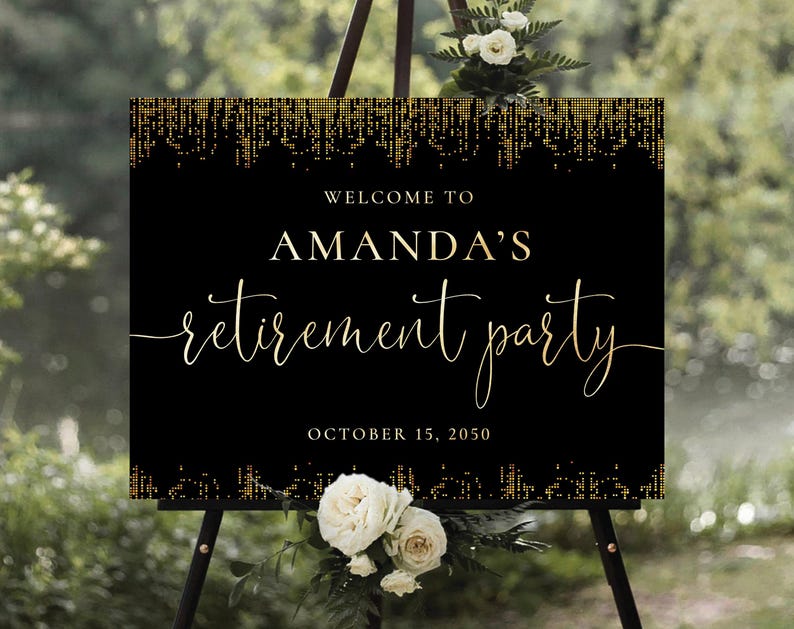 Minimalist Retirement Party Welcome Sign, Black and Gold (digital ...