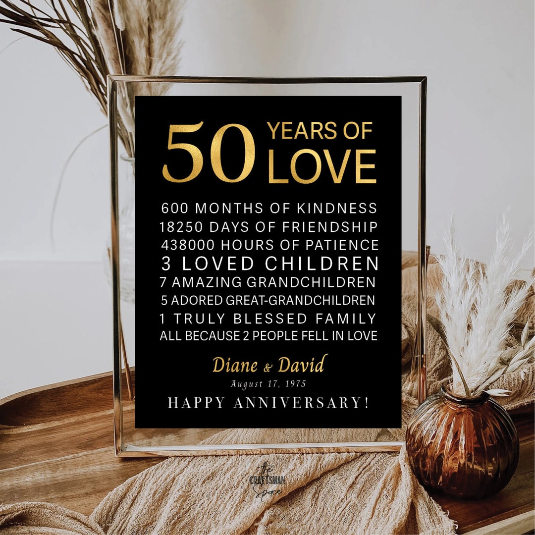 50 Years of Love Sign, 50th Anniversary Gift, Gold 50th Wedding ...