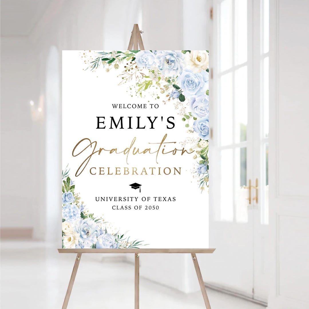 Light Blue Florals Graduation With Photo Welcome Sign, Photo Graduation ...
