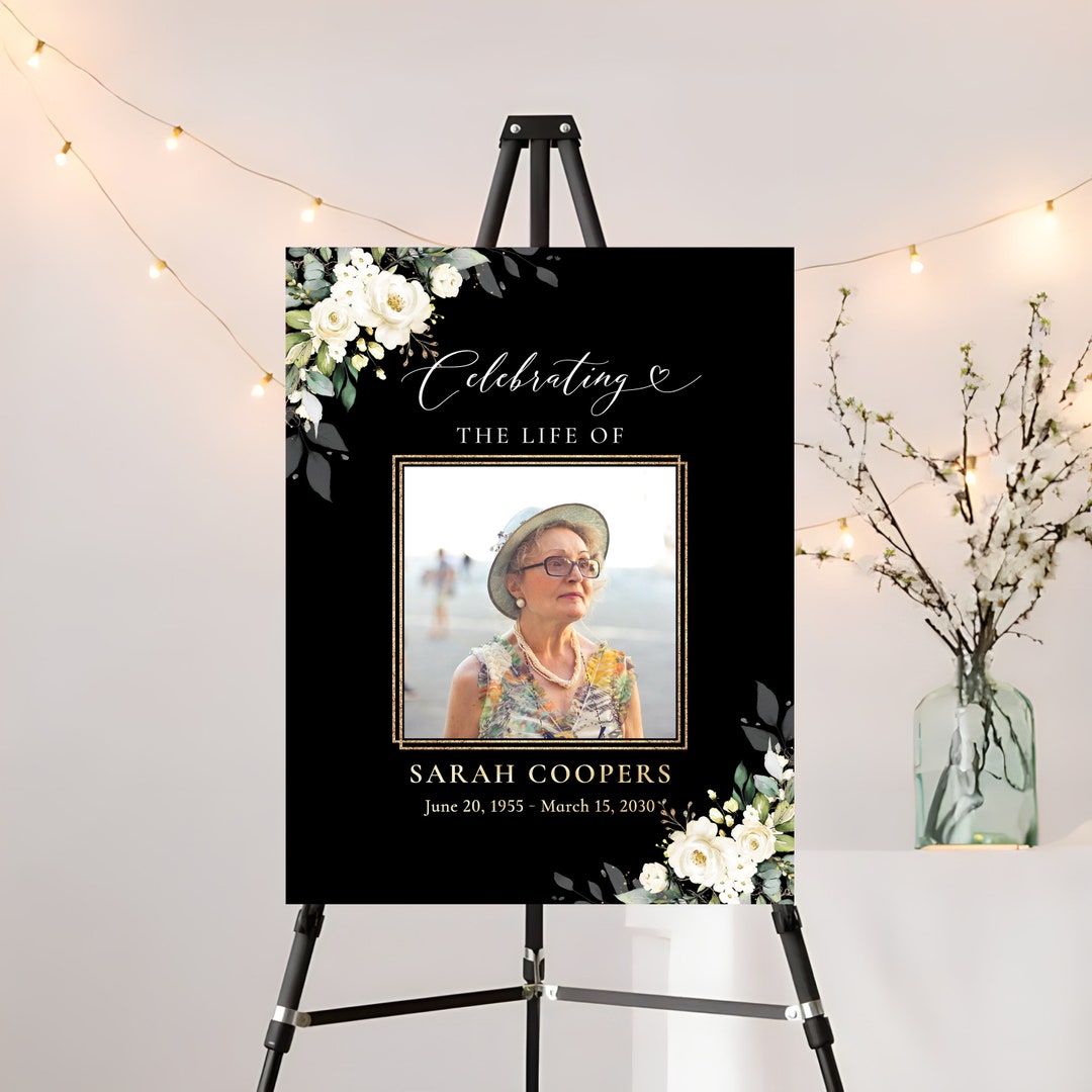 White Roses Funeral Welcome Sign, Black Gold Memorial Sign, Celebration ...