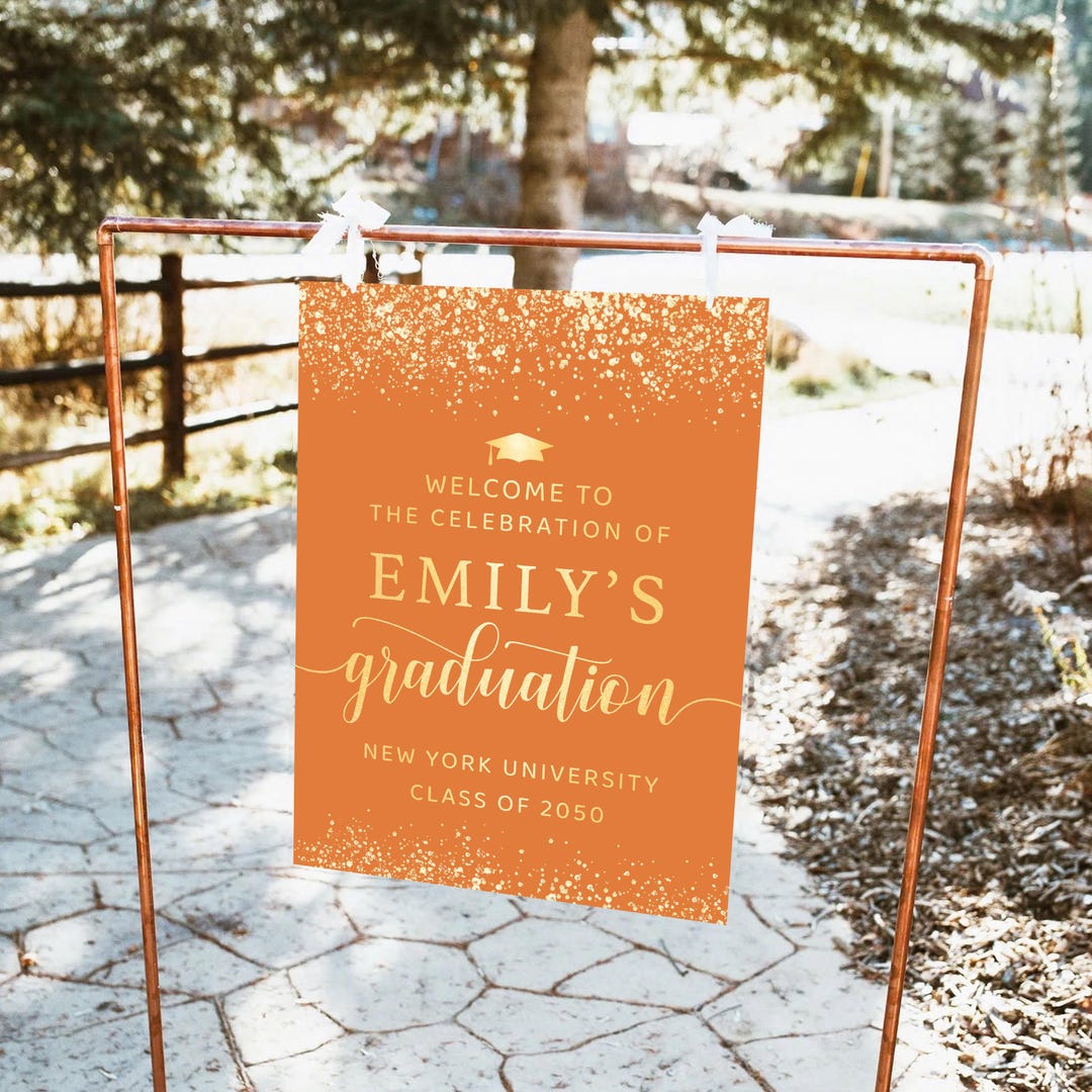 Orange Golden Graduation Party Welcome Sign, Gold Glitter Graduation ...