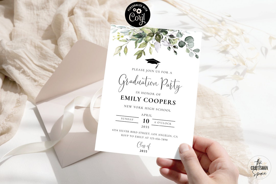Greenery Graduation Party Invitation Template, Grad Announcement ...
