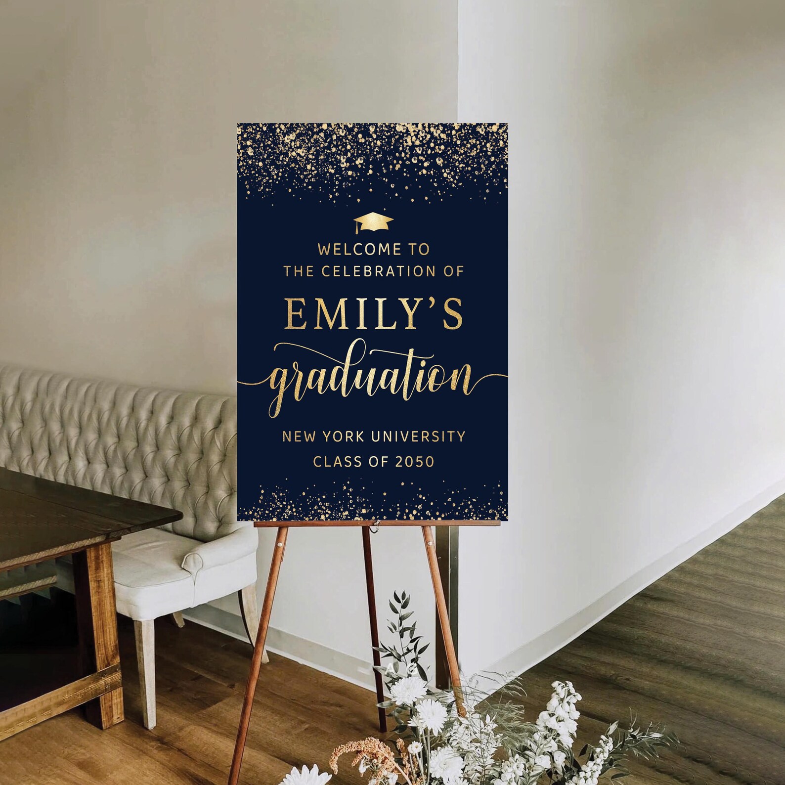 Black & Gold Graduation Welcome Sign, Balloons and Confetti, Modern ...