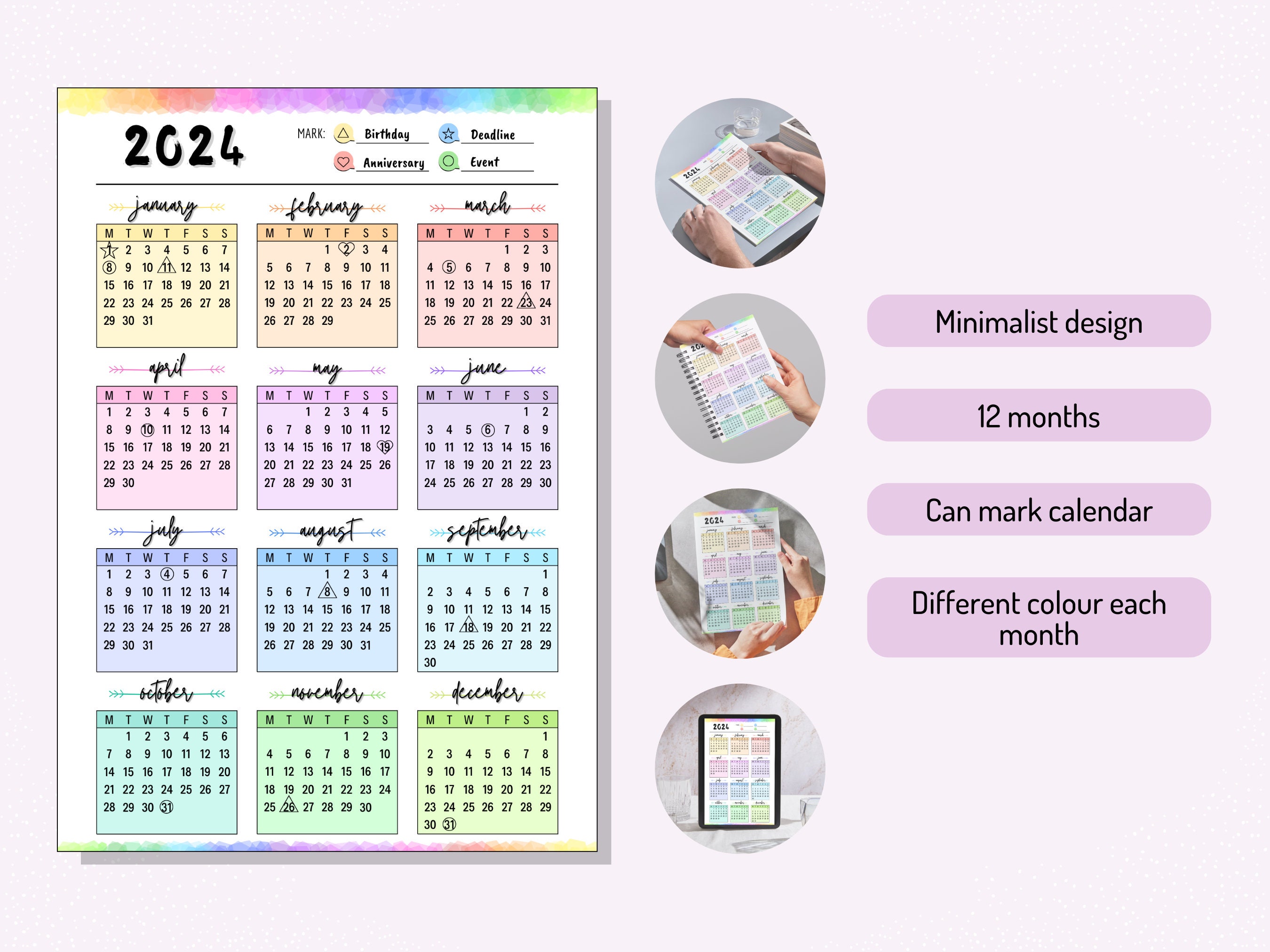 Printable Yearly Calendar 2024 pastel Theme Portrait - Etsy