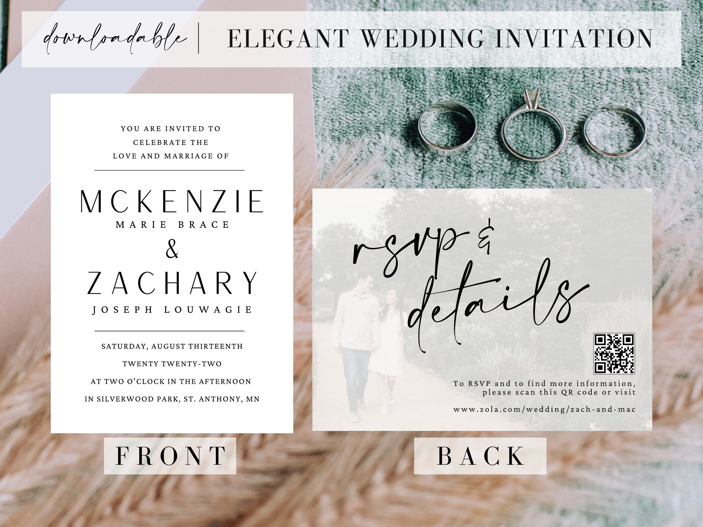 Paper Elegant Wedding Invitation Front and Back 5x7 with QR Code ...