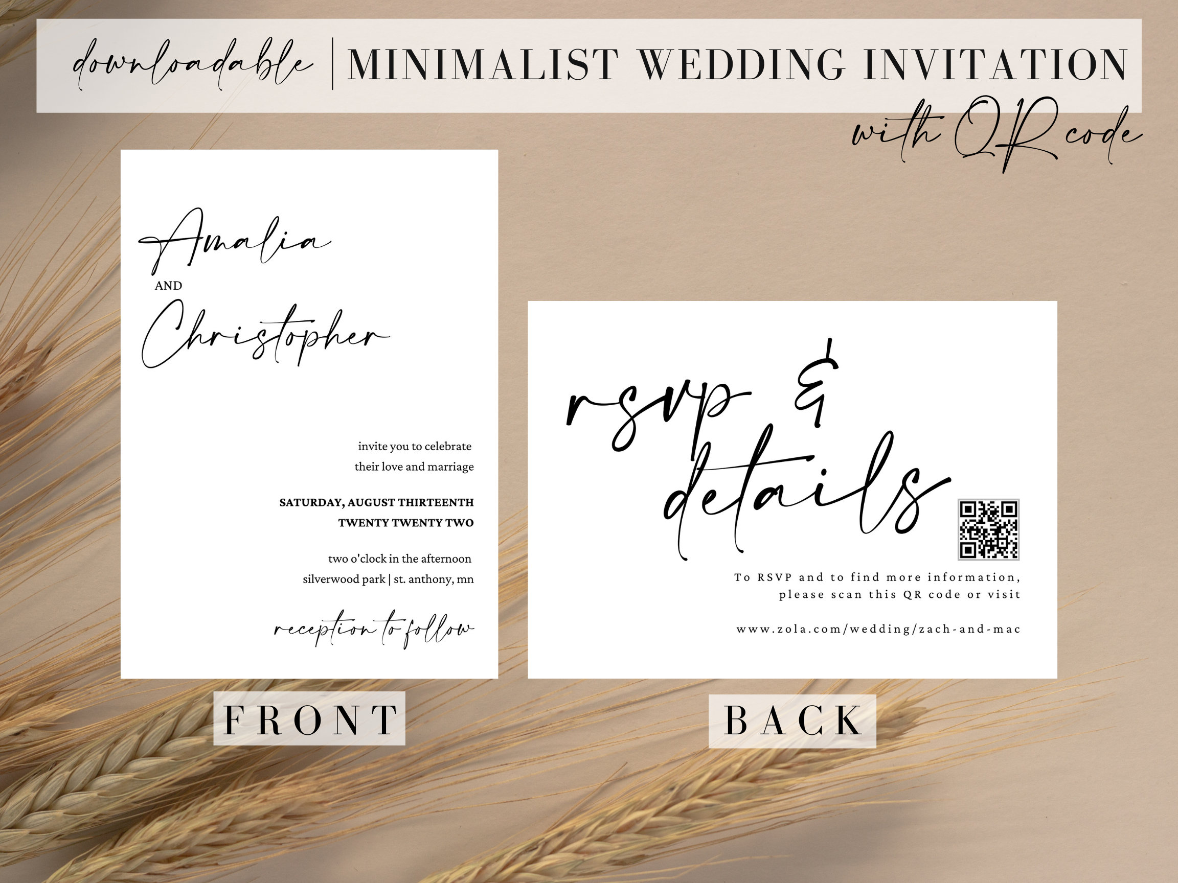 Paper Elegant Wedding Invitation Front and Back 5x7 with QR Code ...