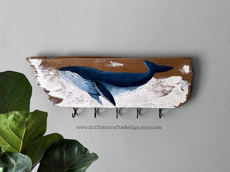 Blue Whale Art Driftwood Key Holder Fishing Gear Entryway Organizer ...