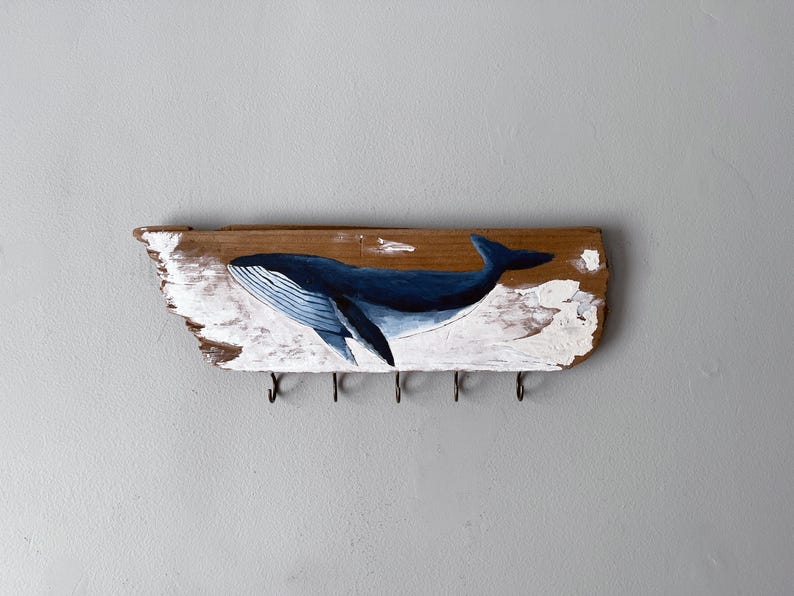 Blue Whale Art Driftwood Key Holder Fishing Gear Entryway Organizer ...