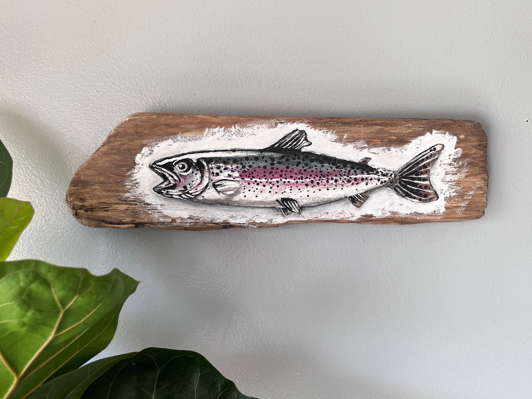 Driftwood Wall Art Hand Painted Rainbow Trout Fish Painting on ...