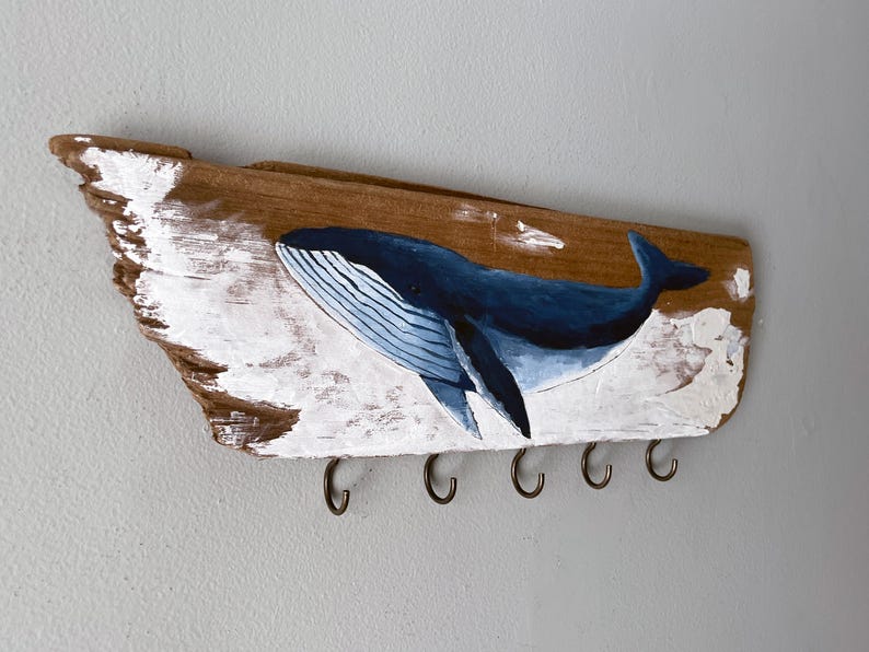 Blue Whale Art Driftwood Key Holder Fishing Gear Entryway Organizer ...