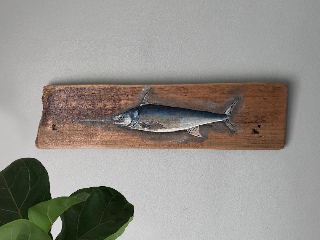 Hand-painted Sword Fish Painting on Driftwood Plank Beach Home Décor ...