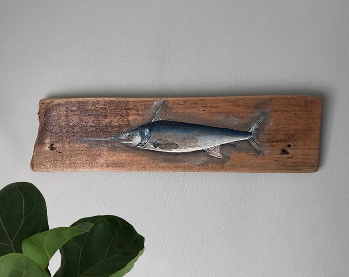 Hand-painted Sword Fish Painting on Driftwood Plank Beach Home Décor ...