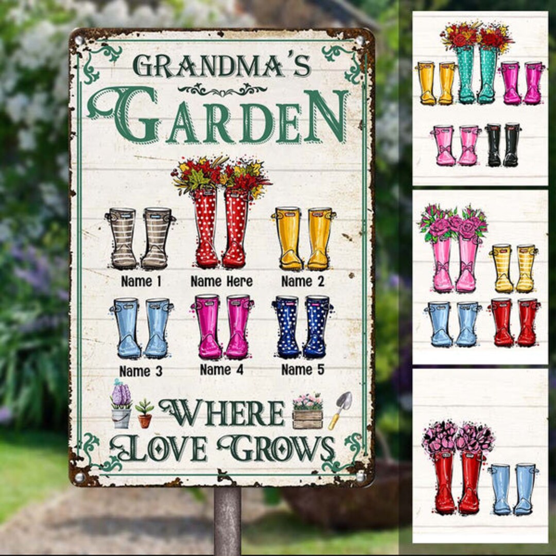 Grandma Mom Garden Metal Sign, Where Love Grows, Custom Kids Name Icon ...