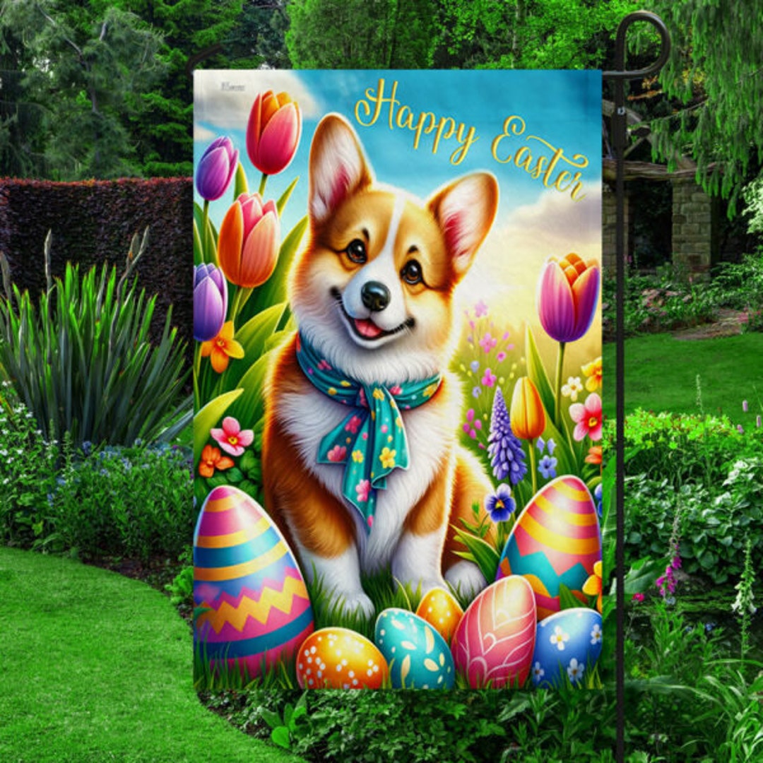 Corgi Dog Happy Easter Flag, Easter Garden Flag, Yard Decor, Easter Egg ...