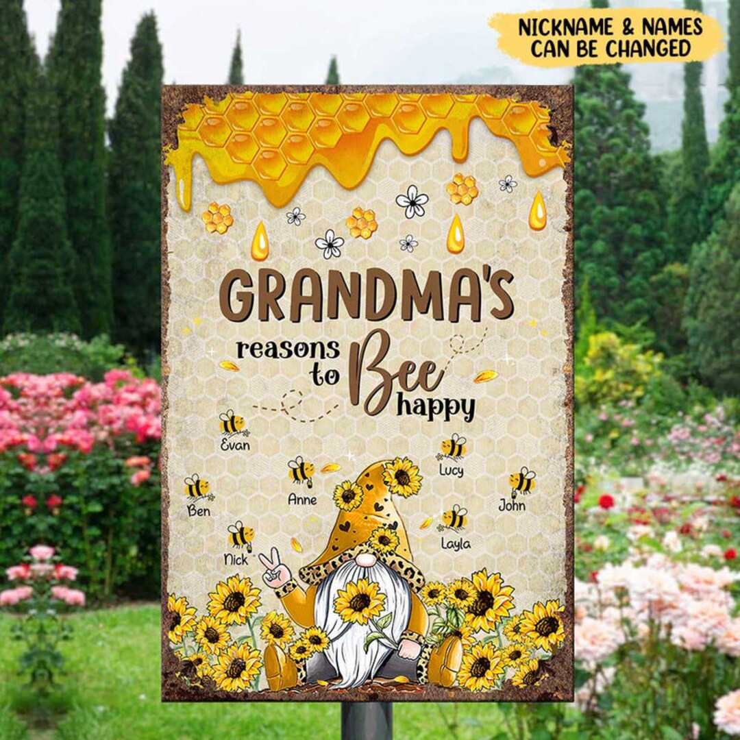 Personalized Grandma Gnome's Reasons to Bee Happy Metal Sign, Custom ...