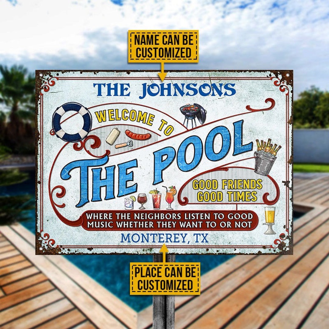 Personalized Welcome Pool Grilling Metal Signs, Funny Pool Sign ...