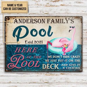 Personalized Swimming Pool Flamingo Metal Signs, Funny Pool Sign ...