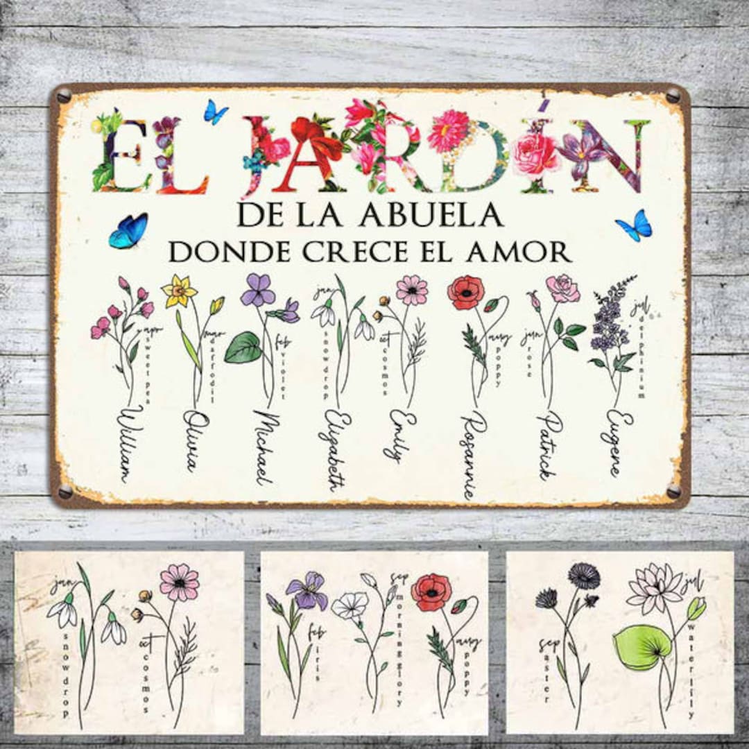 Grandma Love Garden Spanish Metal Sign, De La Abuela, Custom Kids Name ...