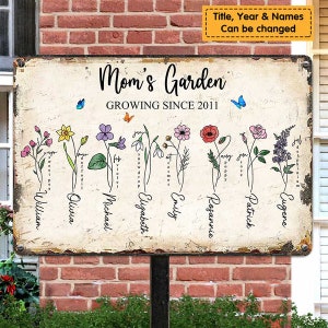 Mom Garden Metal Sign, Custom Kids Name Birth Month Flowers ...