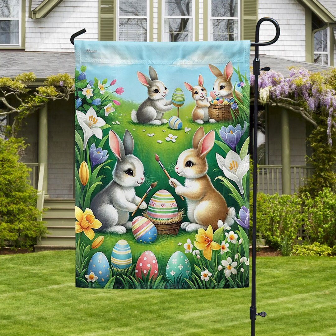 Happy Easter Bunnies and Eggs Flag, Easter Garden Flag, Yard Decor ...