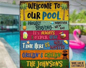 Personalized Swimming Pool Flamingo Metal Signs, Funny Pool Sign ...