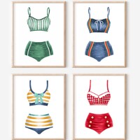 Navy and White Striped Swimsuit Wall Art, Retro Coastal Summer Poster ...
