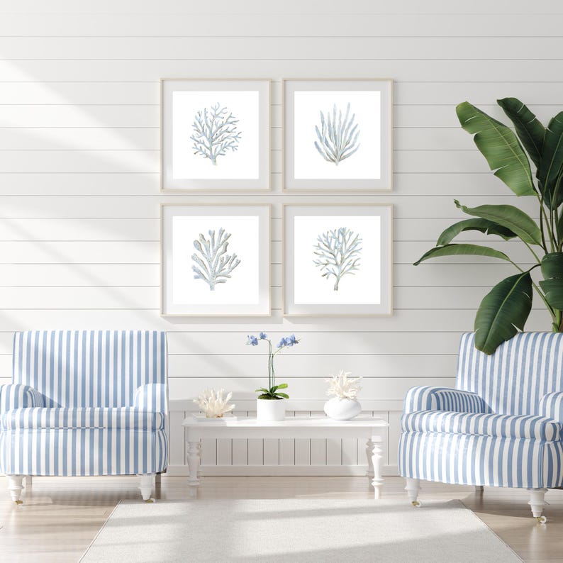 Coastal Wall Art Blue Coral Prints Set 4 Light Blue Wall Art Beach ...
