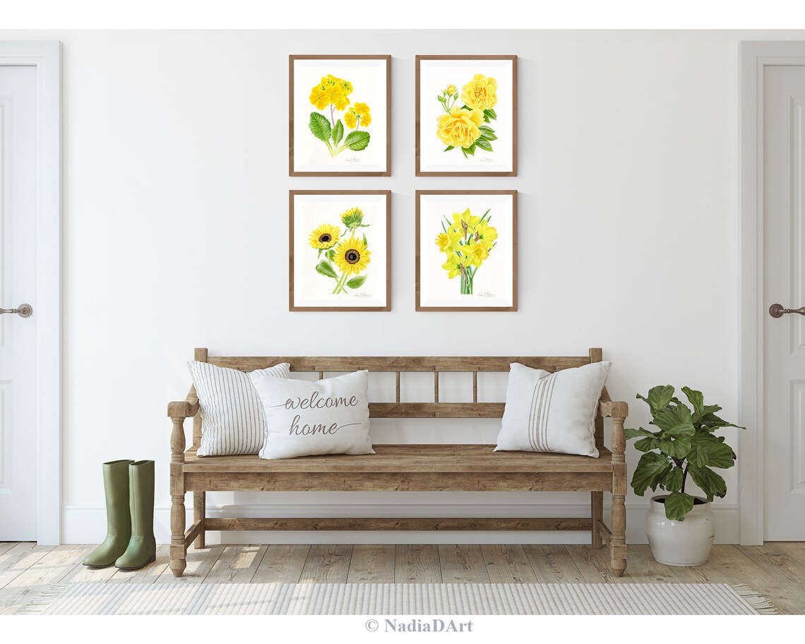 YELLOW FLOWER ART print set of 4 yellow flower watercolor | Etsy