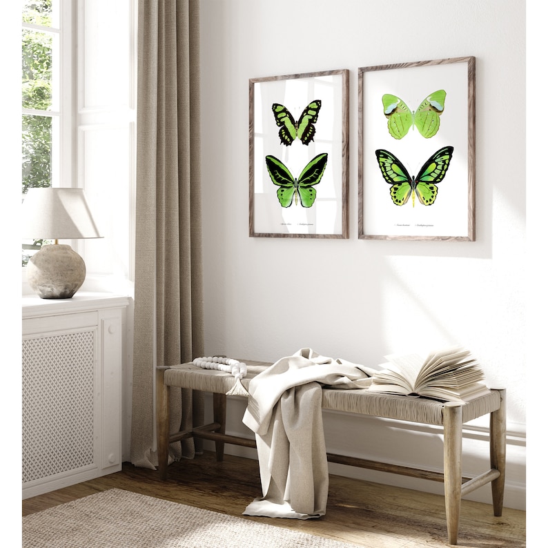 Green Butterfly Print Set of 2 Dark Green Wall Art Watercolor Butterfly ...