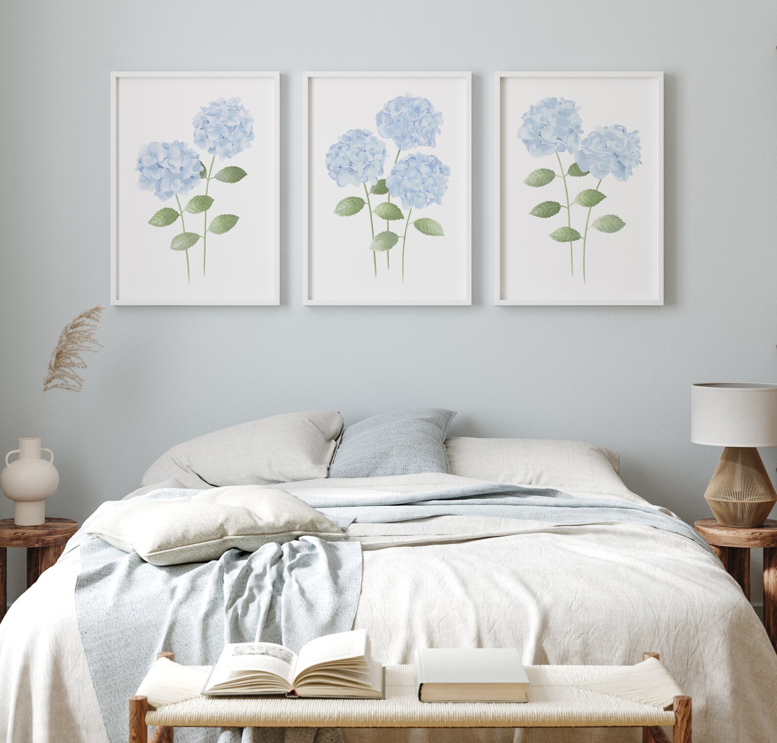 Light Blue Hydrangea Print Set of 3 Blue Hydrangea Painting Watercolor ...