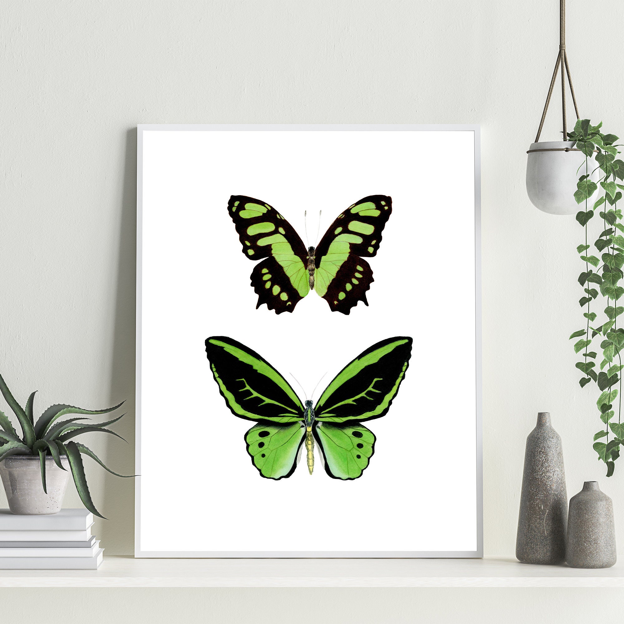 Green Butterfly Print Set of 2 Dark Green Wall Art Watercolor Butterfly ...