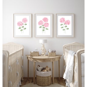 Pink Hydrangea Print Set of 3 Hydrangea Painting Hydrangea Watercolor ...