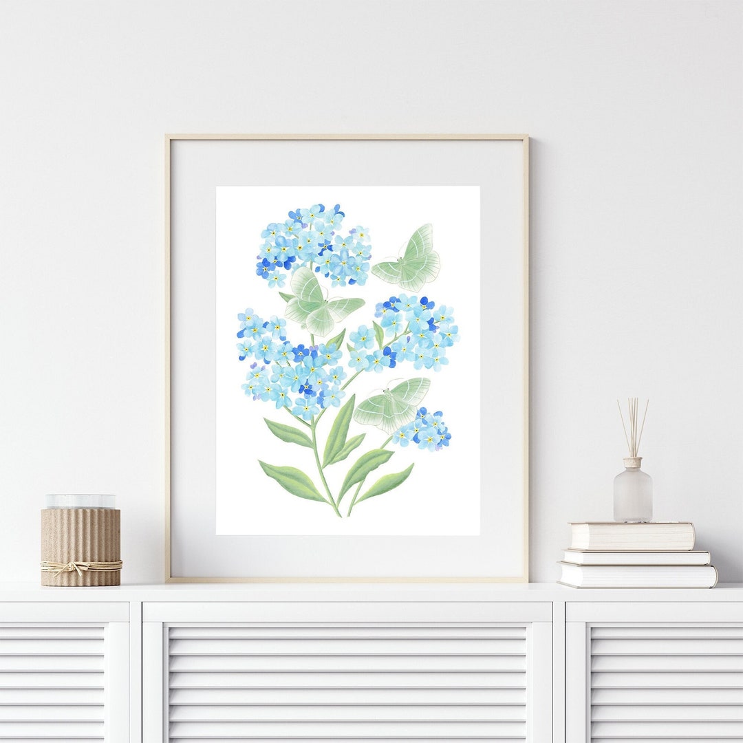 Forget Me Not Print Moth Art Print Butterfly Floral Watercolor Forget ...