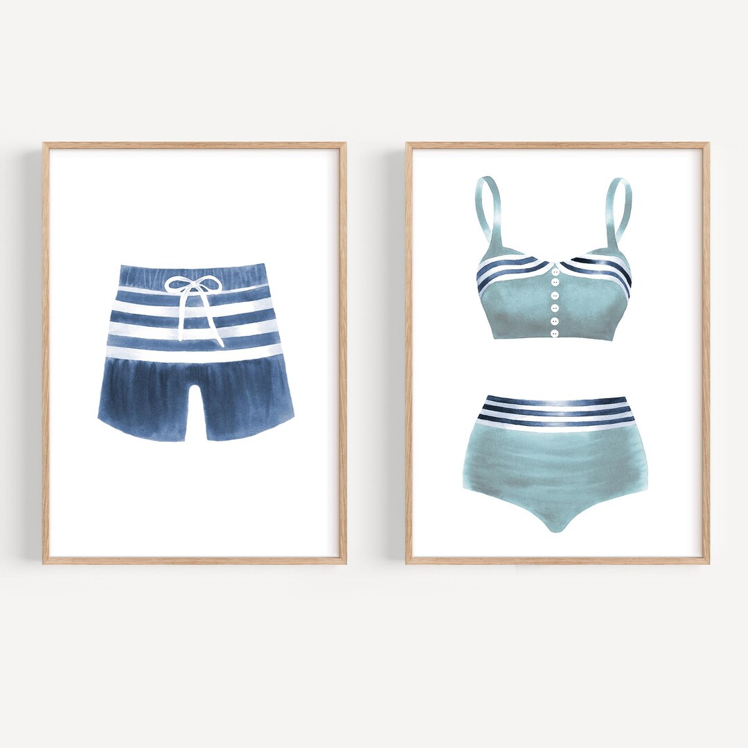 Vintage Bathing Suit Print Set 2 Teal and Blue Swimsuit Wall Art Lake ...