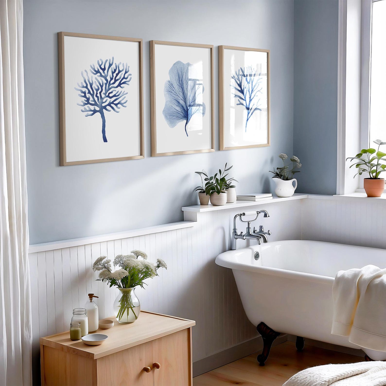 Blue Coral Prints Set 3 Navy Blue Wall Art Coastal Wall Art Nautical ...