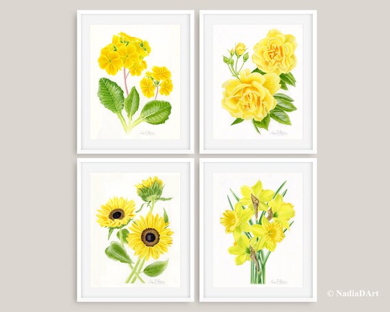 YELLOW FLOWER ART print set of 4 yellow flower watercolor | Etsy