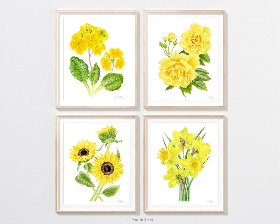 YELLOW FLOWER ART Print Set of 4, Yellow Flower Watercolor Painting ...