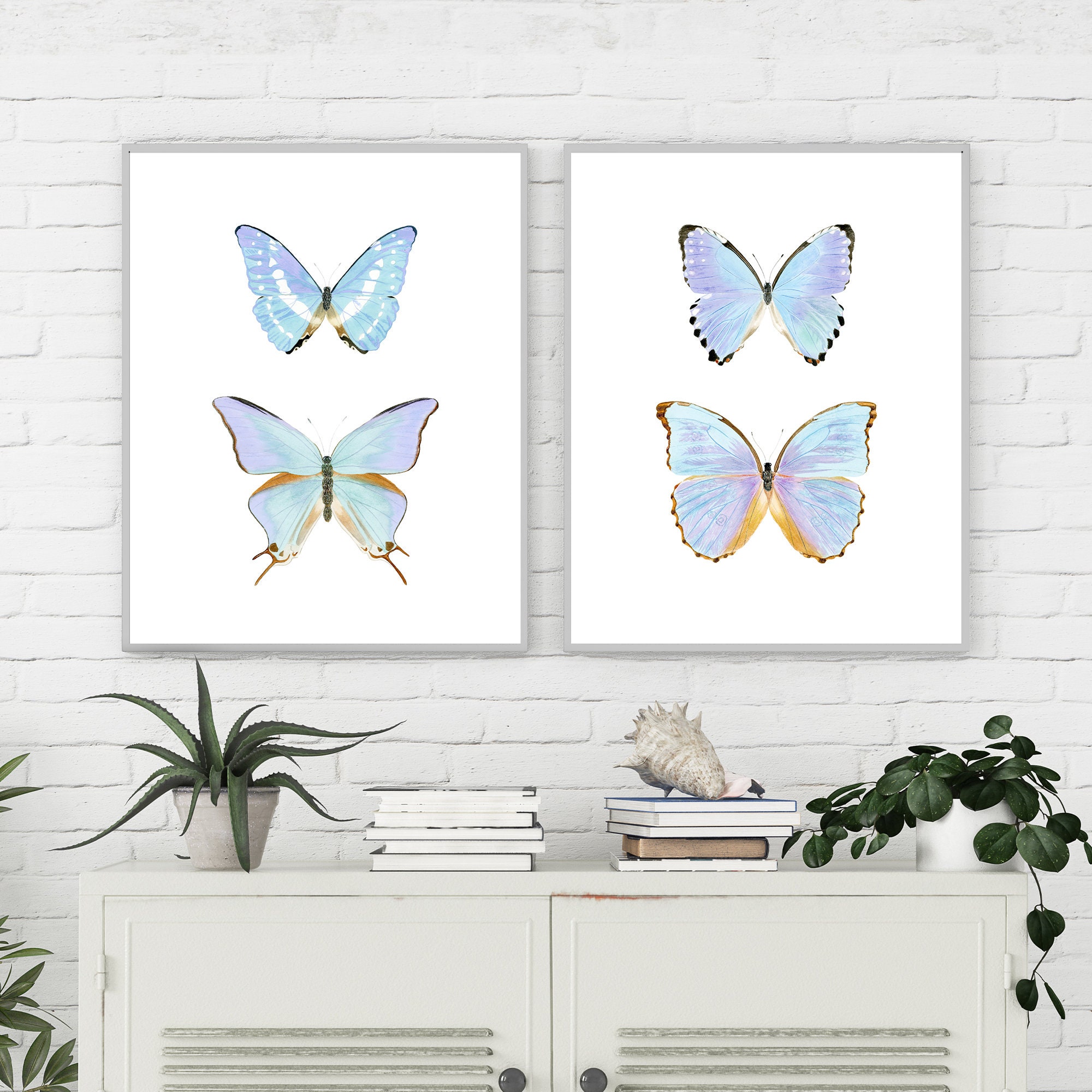 Watercolor Butterfly Print Set of 2 Prints, Aqua Blue Butterfly Wall ...