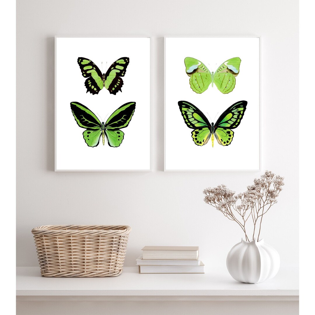 Green Butterfly Print Set of 2 Dark Green Wall Art Watercolor Butterfly ...