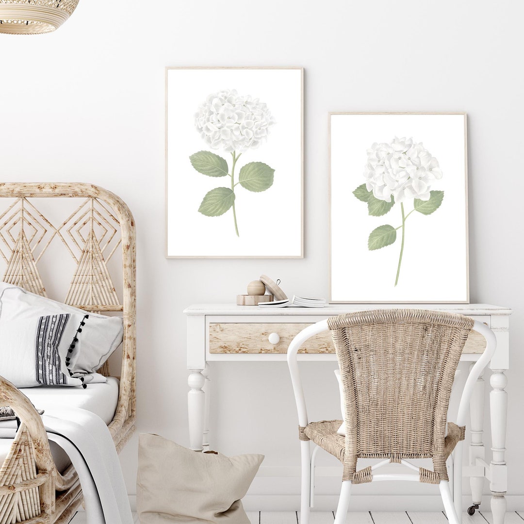 White Hydrangea Print Set of 2 Watercolor Flowers Poster Hydrangea Wall ...