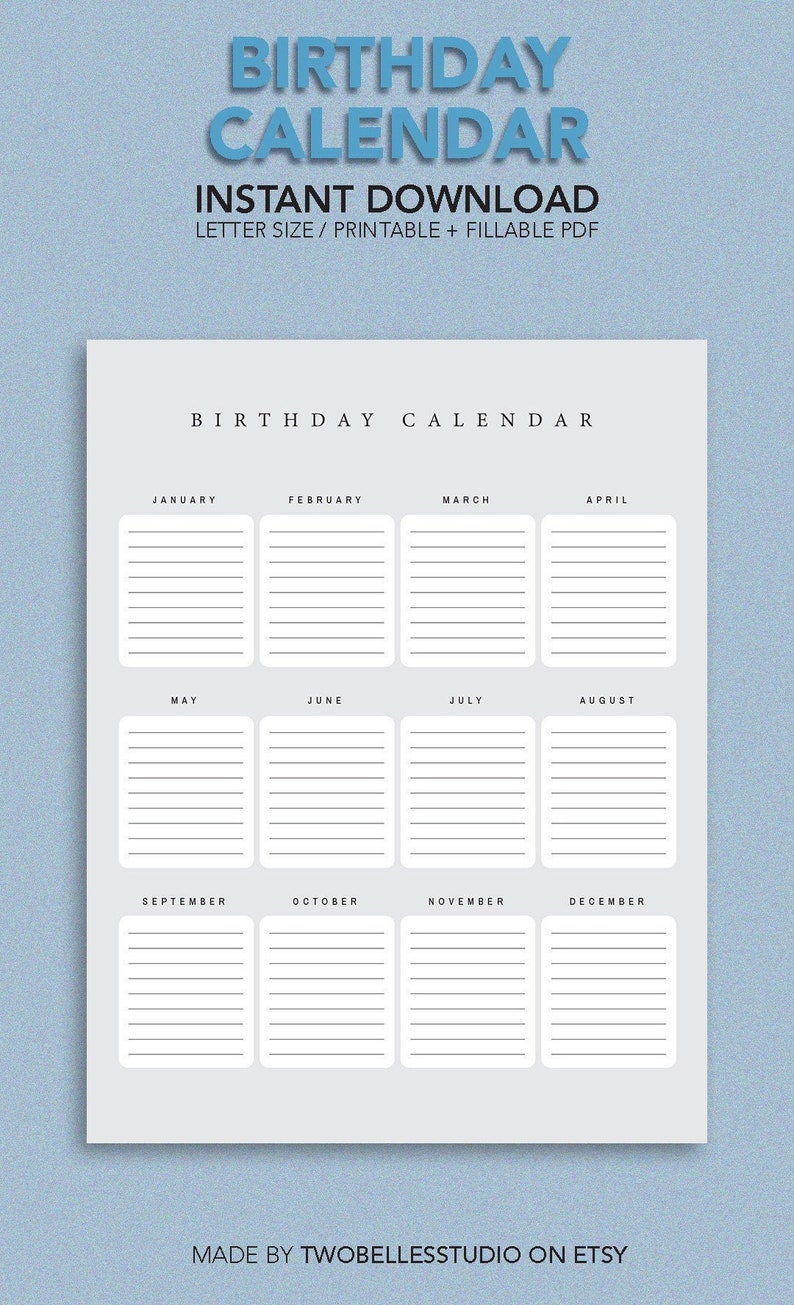Minimalist Birthday Calendar/ Printable / Digital Download / Monthly ...