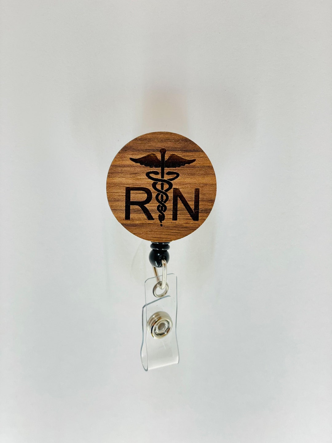 Nurse Caduceus Walnut Laser Engraved Badge Reel, ID Holder ...