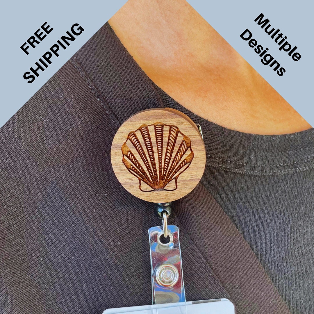 Calico Scallop Seashell Walnut Laser Engraved Badge Reel, ID Holder ...