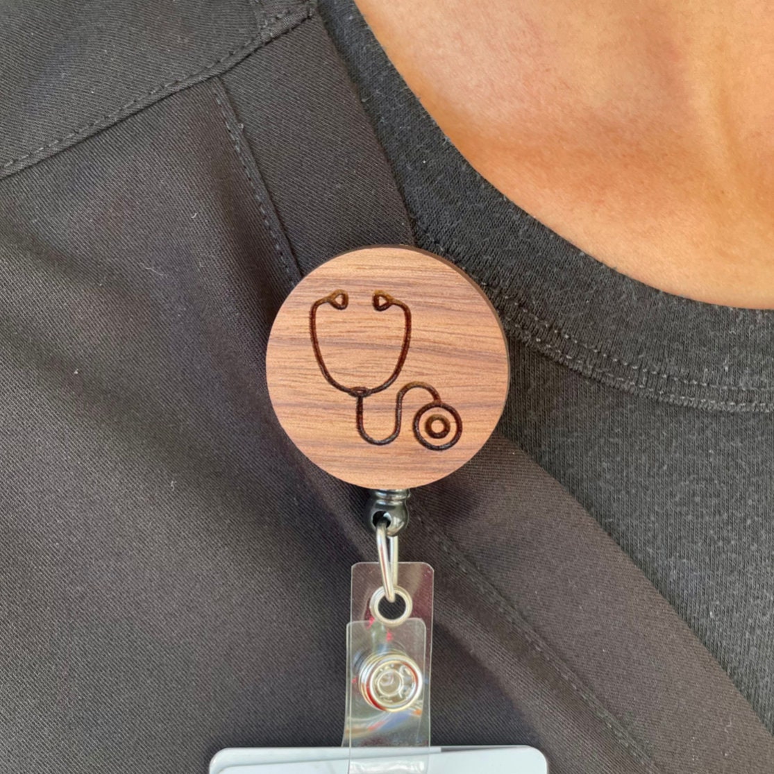 Stethoscope Badge Reel – Wooden Engraved ID Holder for Healthcare ...