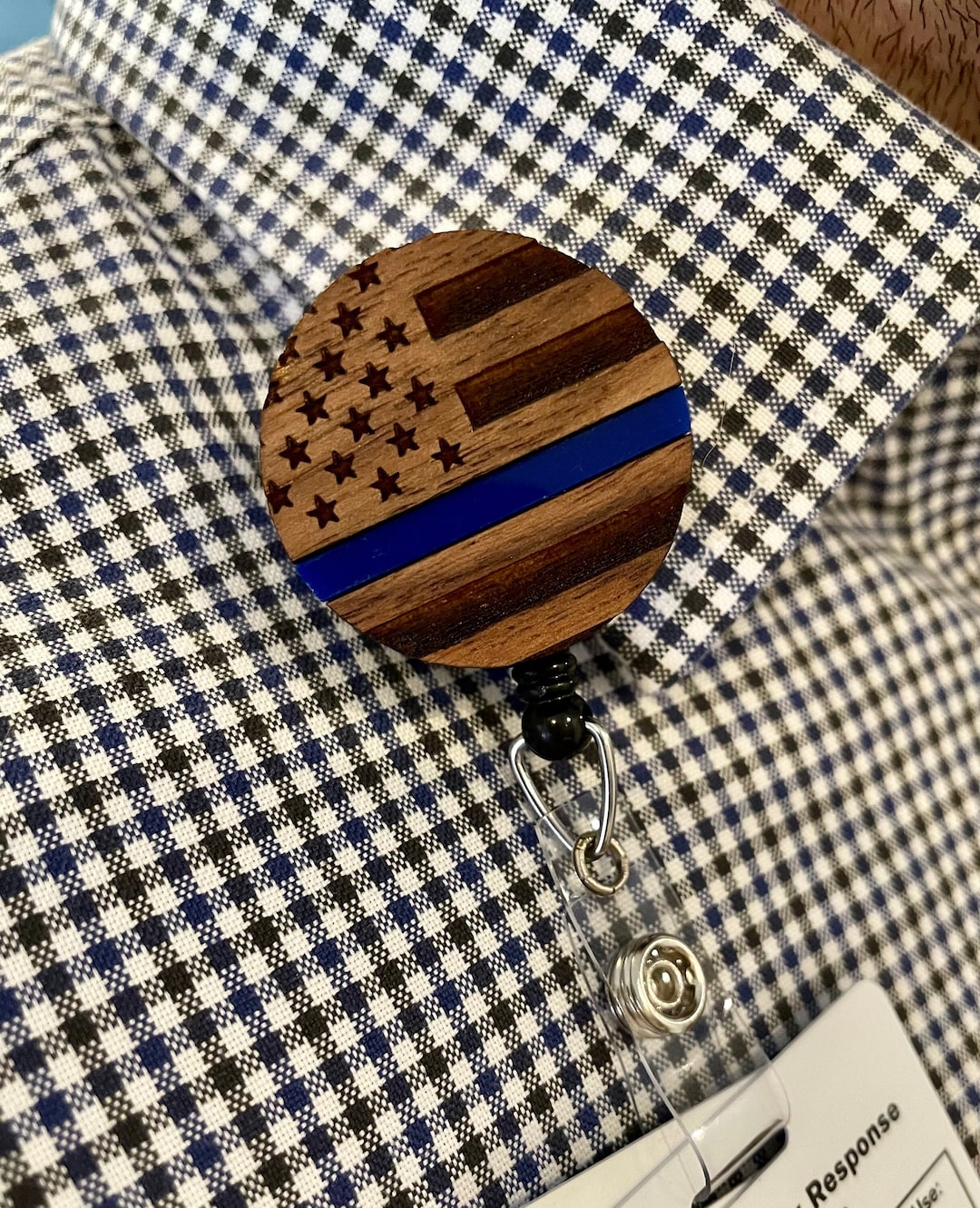 Thin Blue Line Police Badge Reel – Wood & Acrylic Laser Engraved ID ...