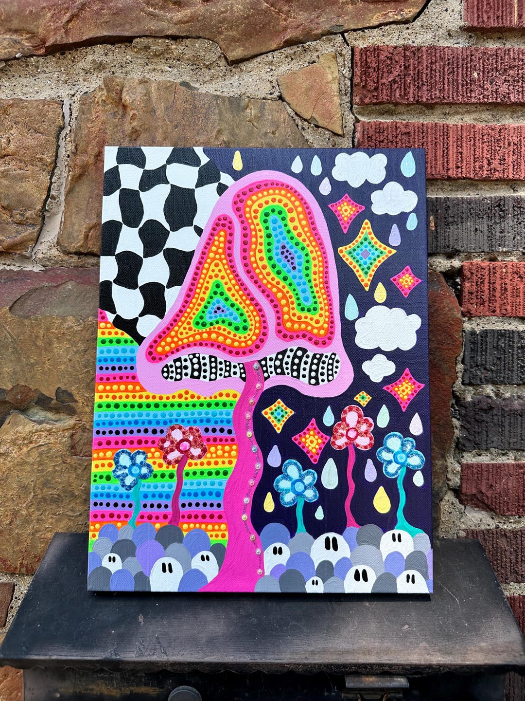 Funky Graveyard Painting | Mushroom Checkered Polka Dots Canvas Acrylic ...