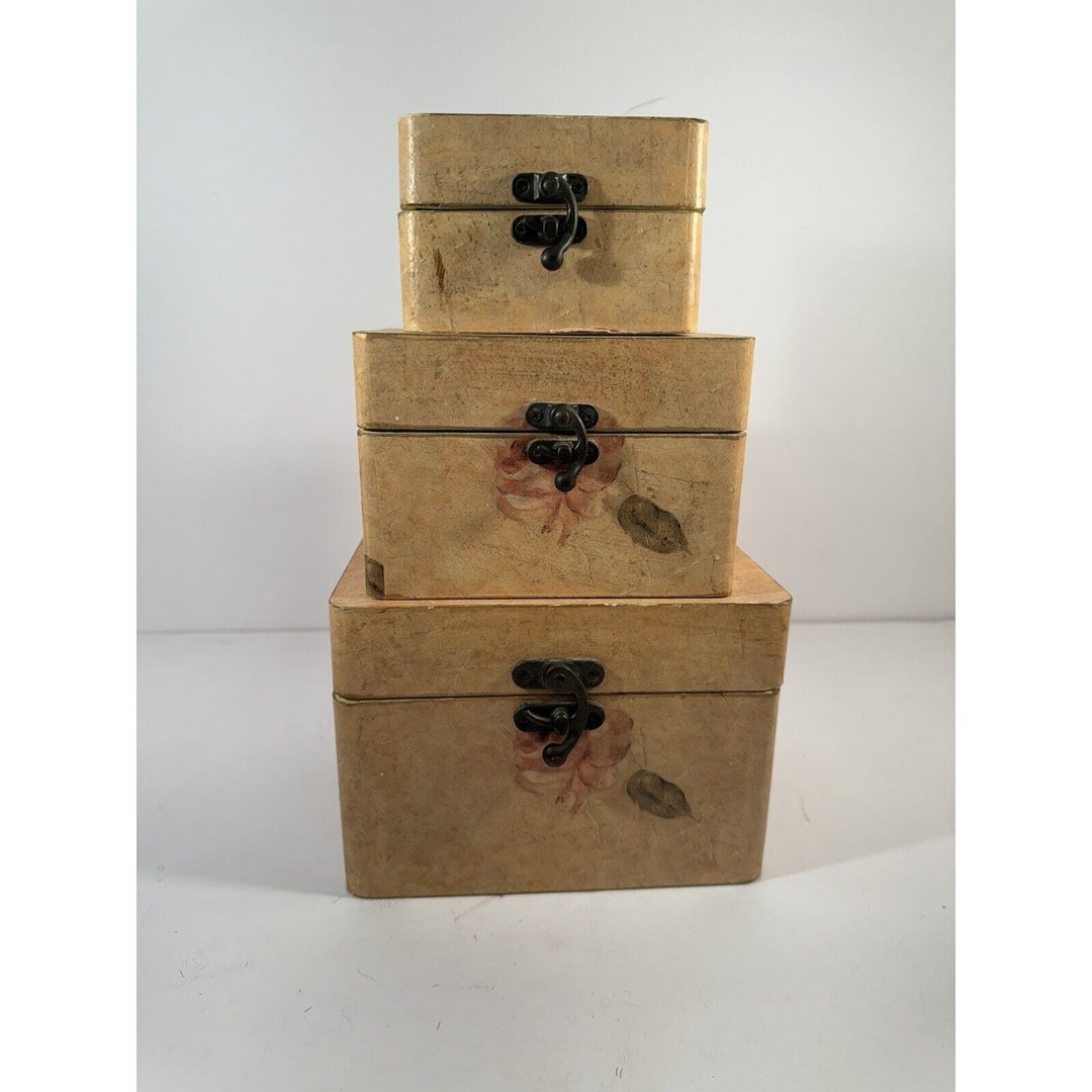 Vintage Wooden Decoupage Rose Floral Light Yellow Pink Nesting Stack ...